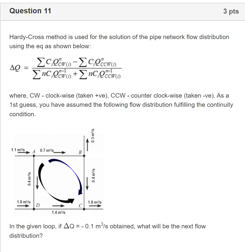 Solved Question 11 3 pts Hardy-Cross method is used for the | Chegg.com