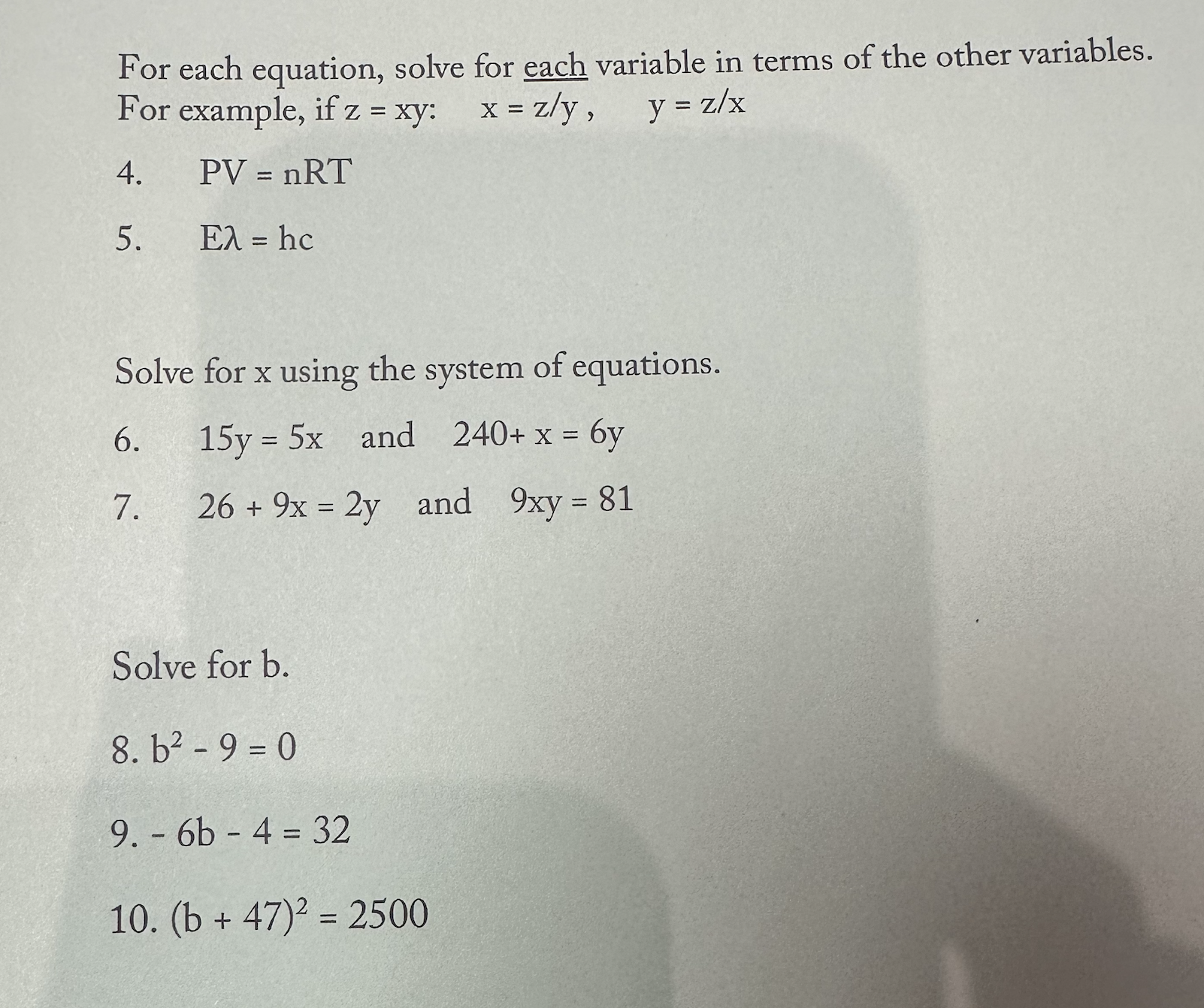 Solved For each equation, solve for each variable in terms | Chegg.com