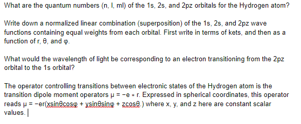 Solved What are the quantum numbers (n, I, ml) of the 1s, | Chegg.com