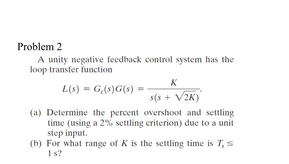 Solved Problem 2 A unity negative feedback control system | Chegg.com