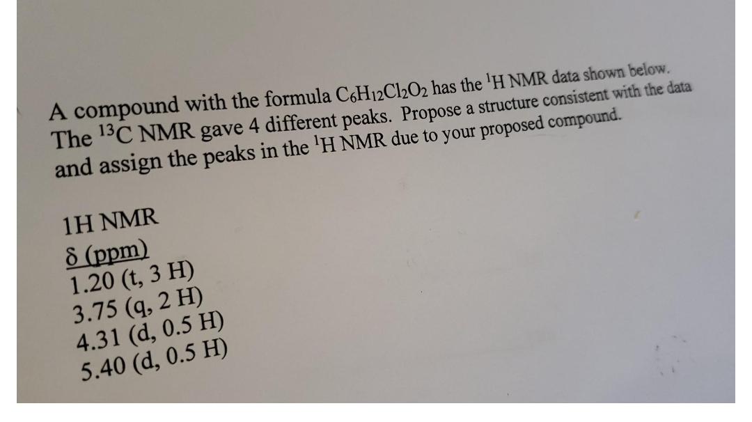 Solved A compound with the formula C6H12Cl2O2 has the 1H NMR | Chegg.com
