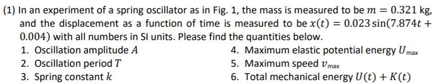 Solved (1) In an experiment of a spring oscillator as in | Chegg.com