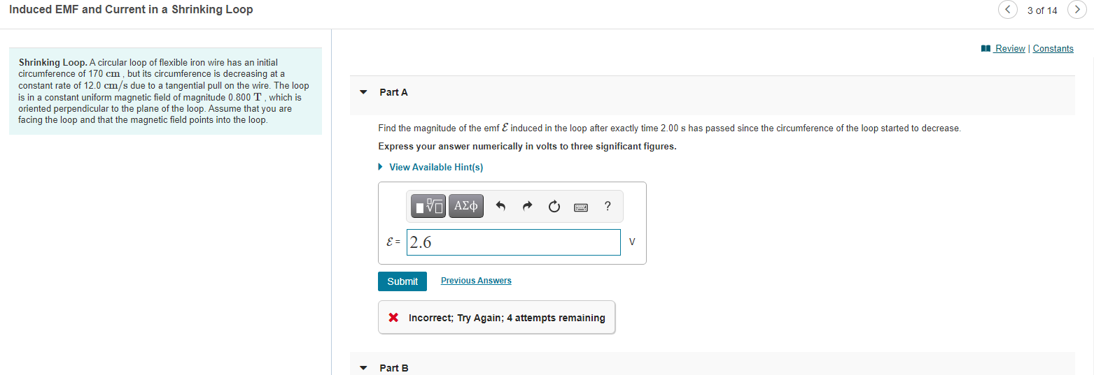 Solved Induced EMF and Current in a Shrinking Loop 3 of 14 A | Chegg.com