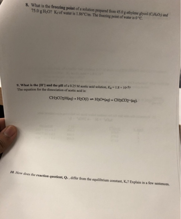 Solved 8. What is the freezing point of a solution prepared | Chegg.com