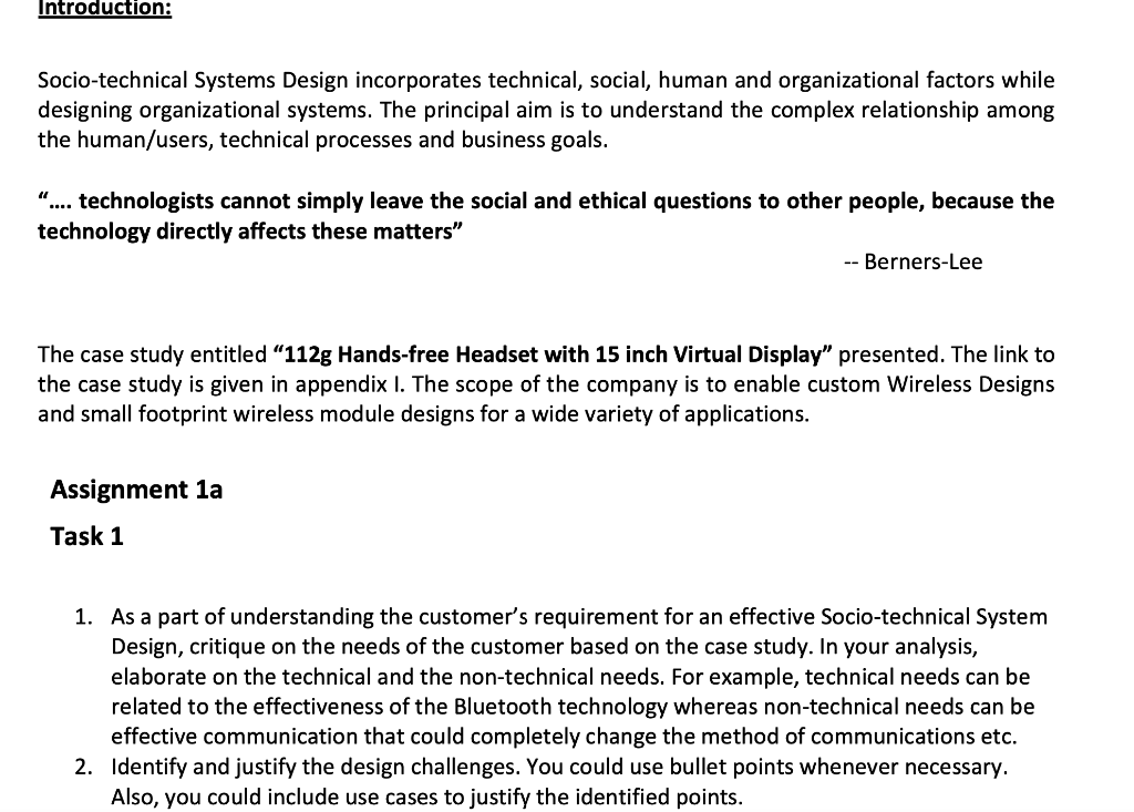 Solved Introduction: Socio-technical Systems Design | Chegg.com