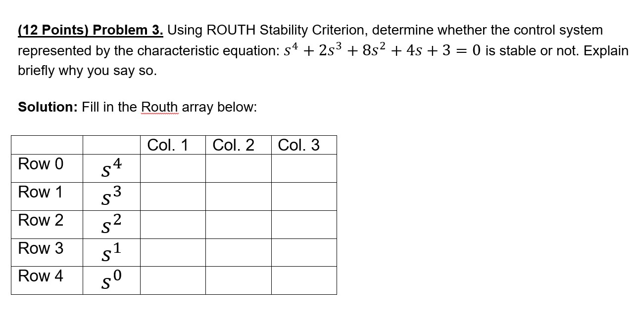 Solved (12 Points) Problem 3. Using ROUTH Stability | Chegg.com