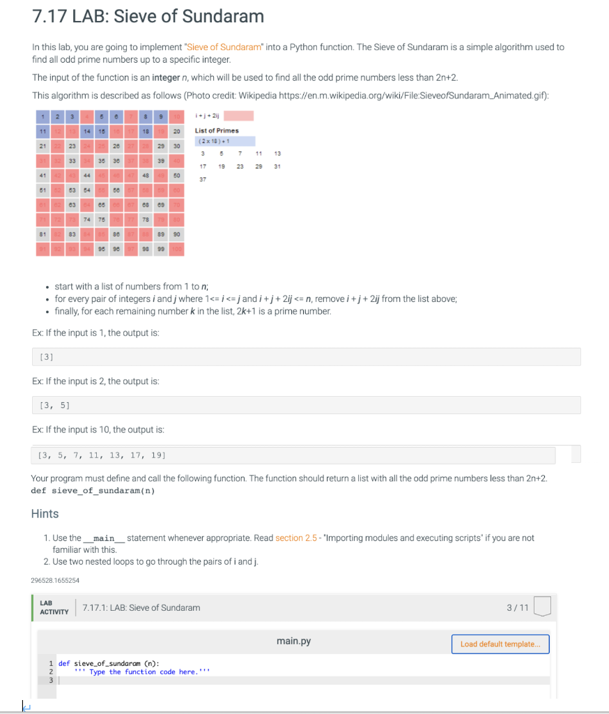 Solved 7.17 LAB: Sieve of Sundaram 9 List of Primes In this | Chegg.com