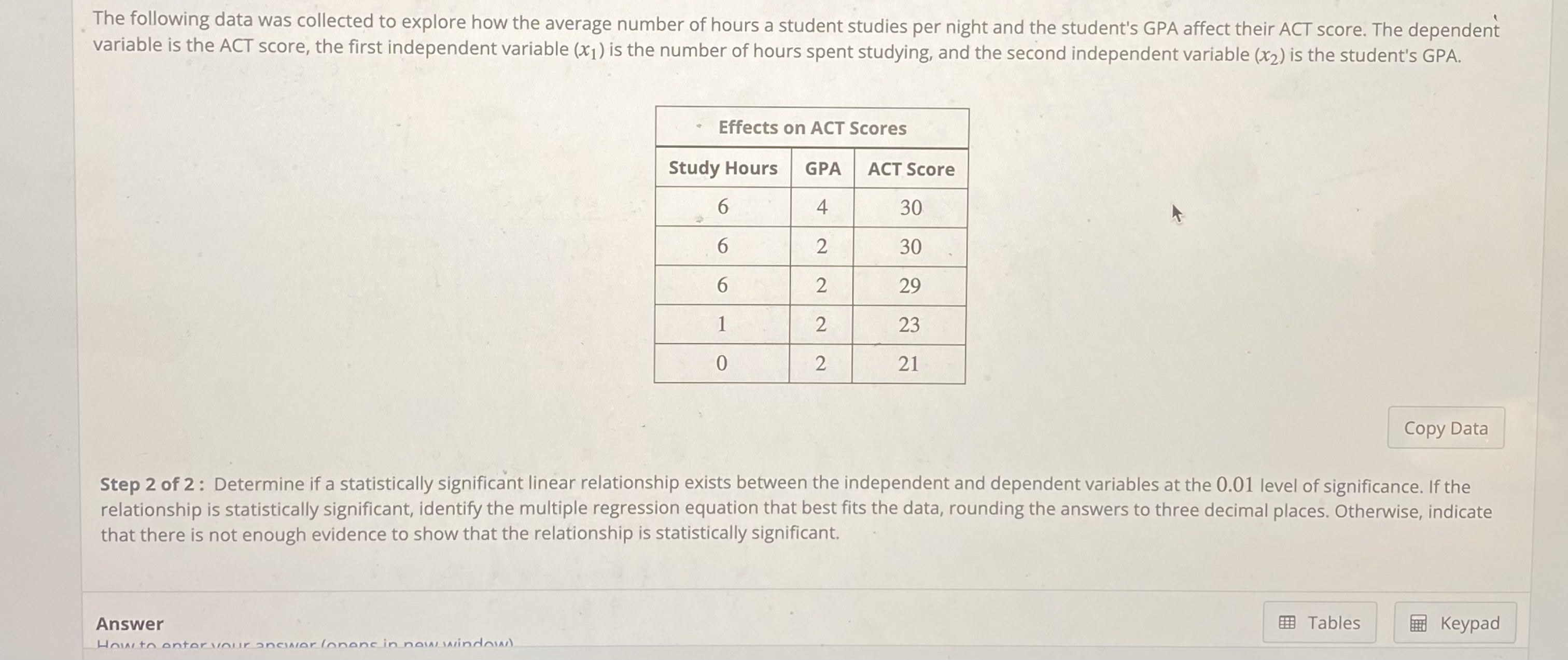 Solved The following data was collected to explore how the | Chegg.com
