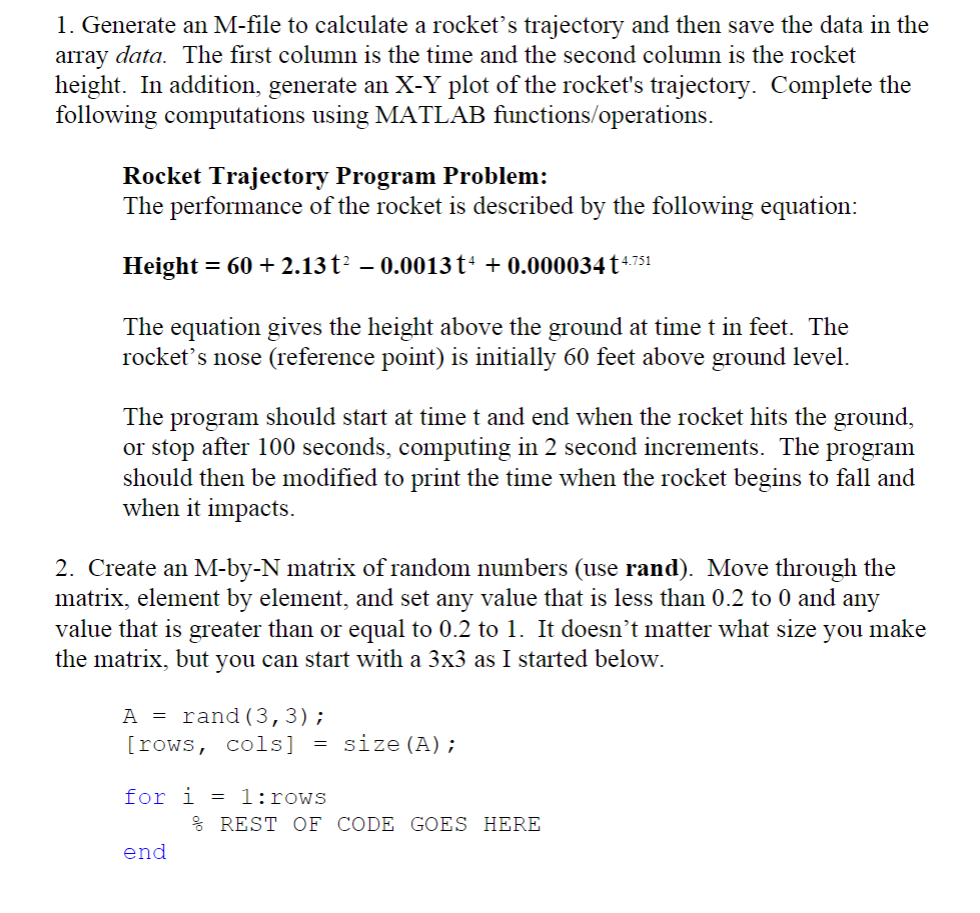 Solved 1. Generate an M-file to calculate a rocket's | Chegg.com