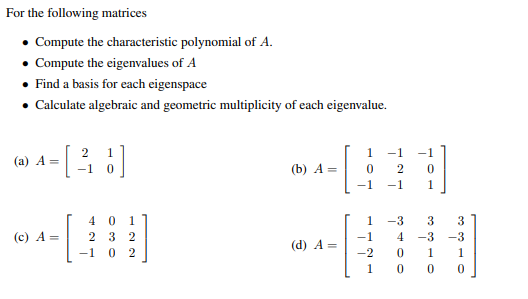 Solved For the following matrices • Compute the | Chegg.com
