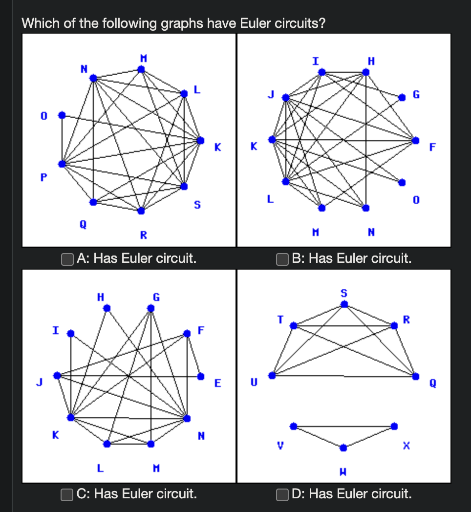 Solved Which of the following graphs have Euler circuits? A: | Chegg.com