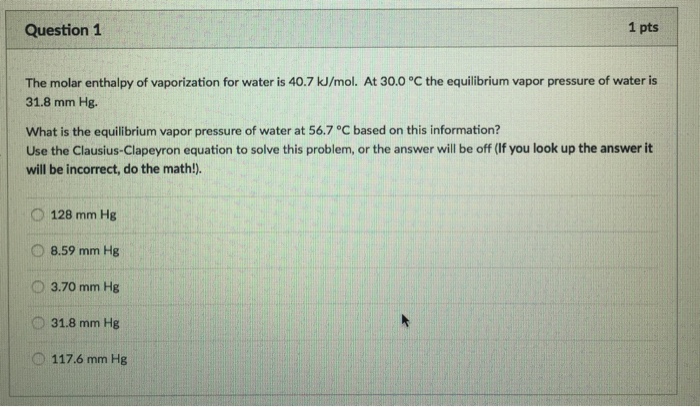 Solved The molar enthalpy of vaporization for water is 40.7 | Chegg.com