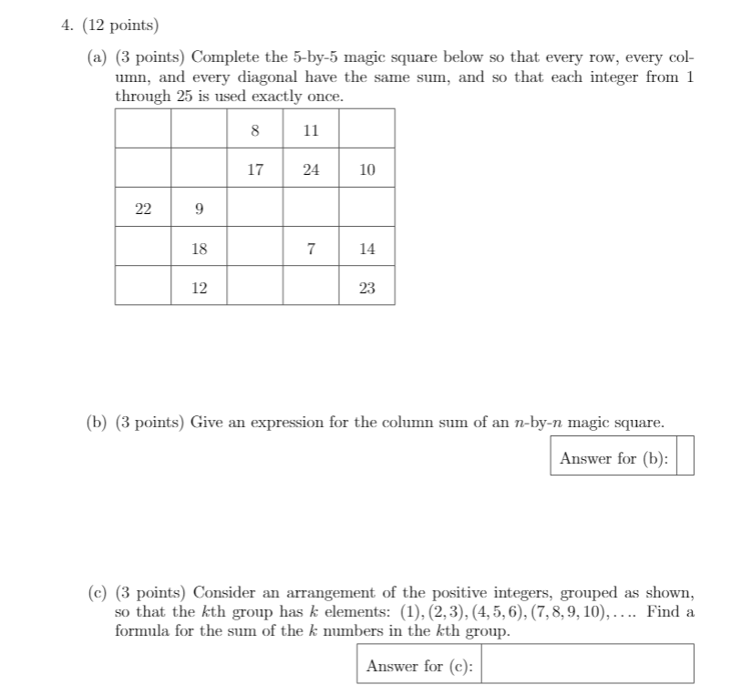 Solved 4. (12 points) (a) (3 points) Complete the 5-by-5 | Chegg.com