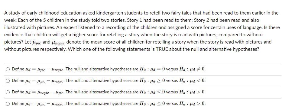 Solved A study of early childhood education asked | Chegg.com