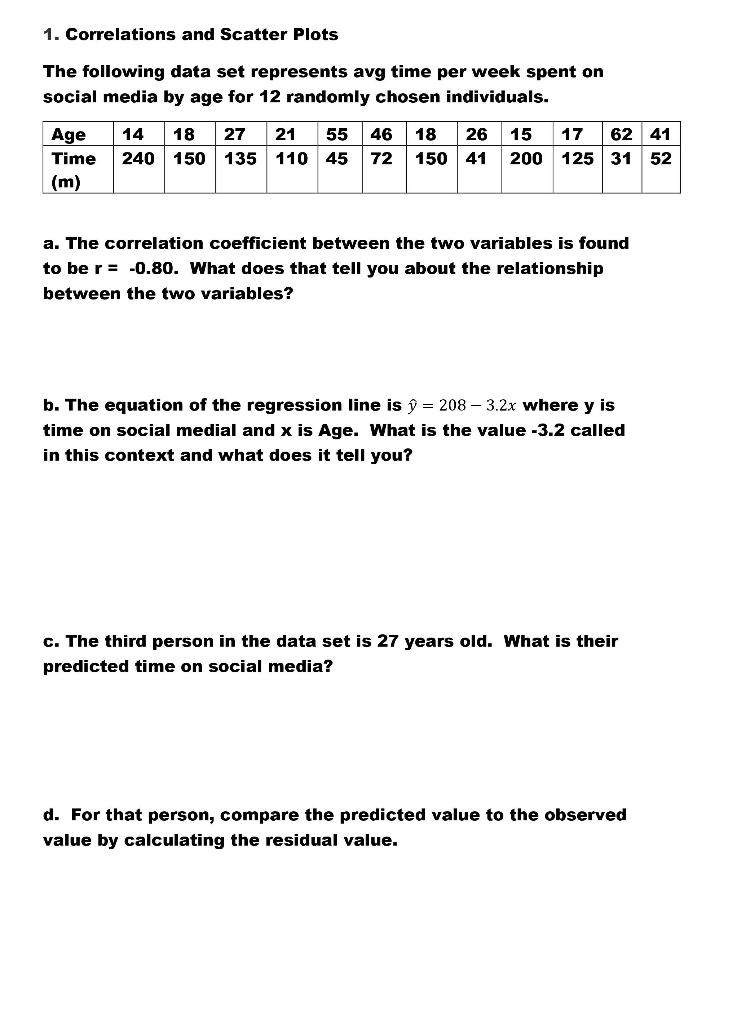 Solved 1. Correlations and Scatter Plots The following data | Chegg.com