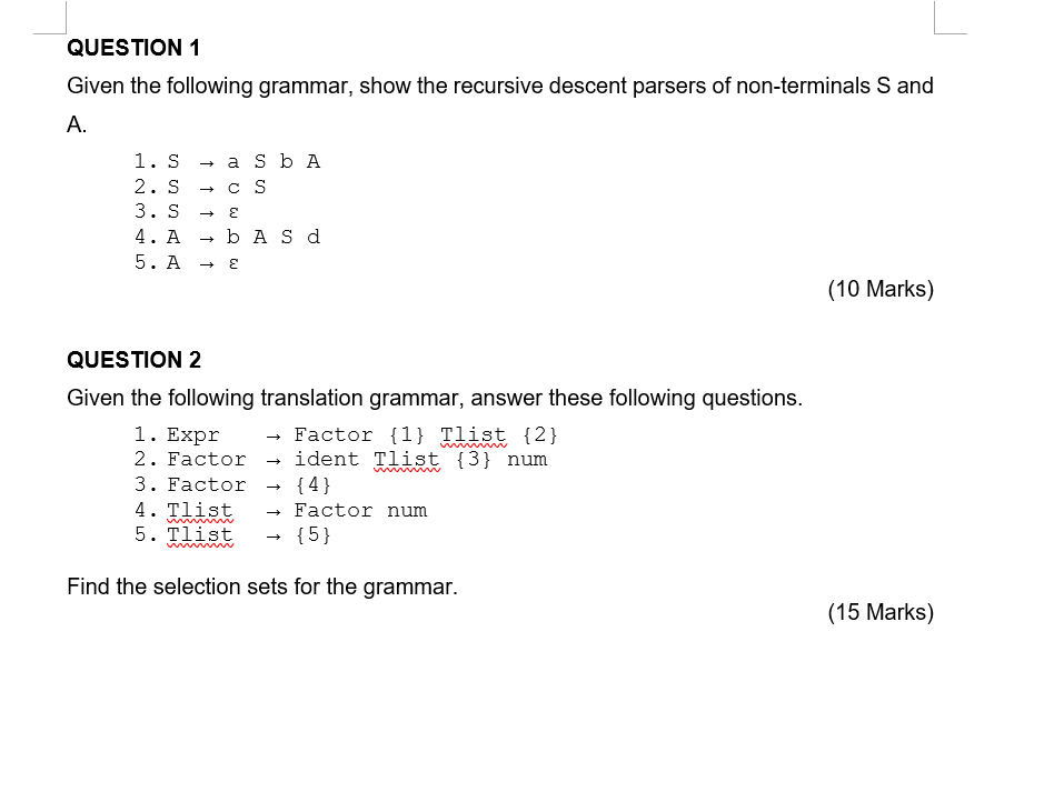 Solved QUESTION 1 Given the following grammar, show the | Chegg.com