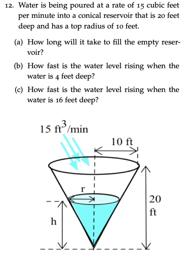 Solved 12. Water is being poured at a rate of 15 cubic feet | Chegg.com