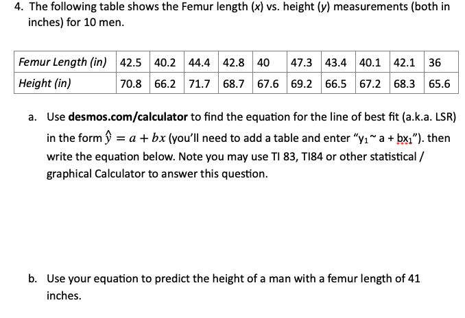 4. The following table shows the Femur length (x) vs. | Chegg.com