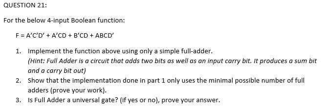 QUESTION 21: For the below 4-input Boolean function: | Chegg.com