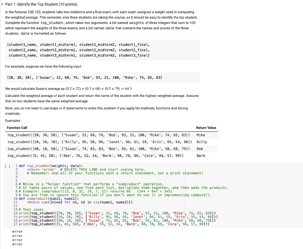 Solved Part 1: Identify the Top Student (10 points) In the | Chegg.com