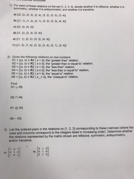 Solved 1) For each of these relations on the set (1, 2, 3, | Chegg.com