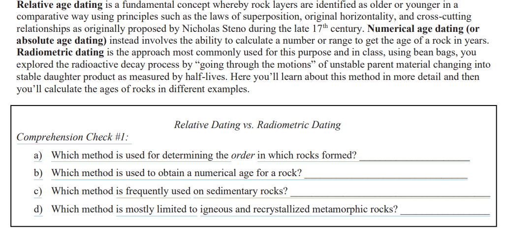 Solved Relative Dating vs. Radiometric Dating Comprehension | Chegg.com