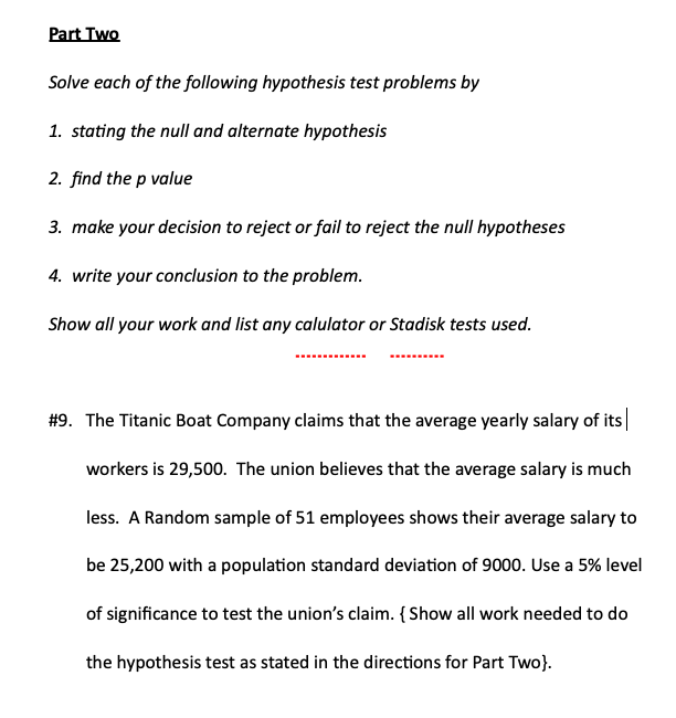 Solved Part Two Solve each of the following hypothesis test | Chegg.com