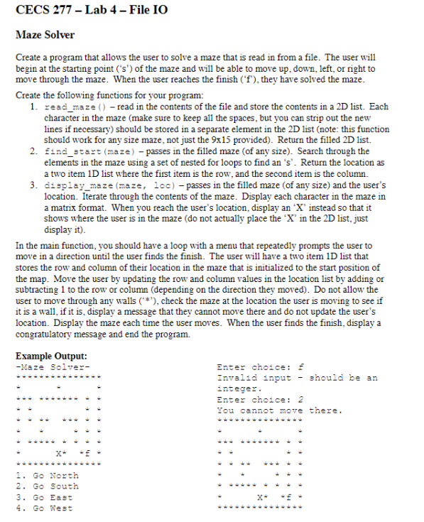 Solved CECS 277 - Lab 4 - File IO Maze Solver Create a | Chegg.com