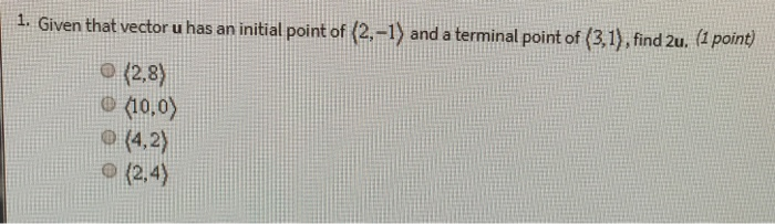 Solved 1. Given that vector u has an initial point of (2.-1) | Chegg.com