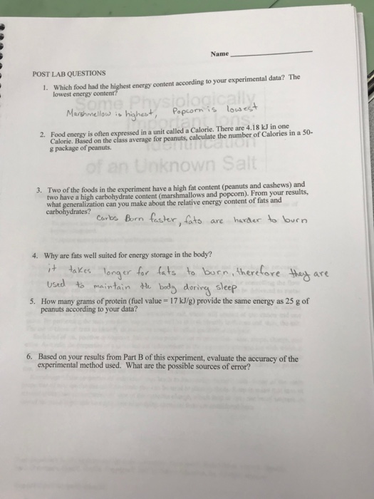 Solved Name POST LAB QUESTIONS Which food had the highest | Chegg.com