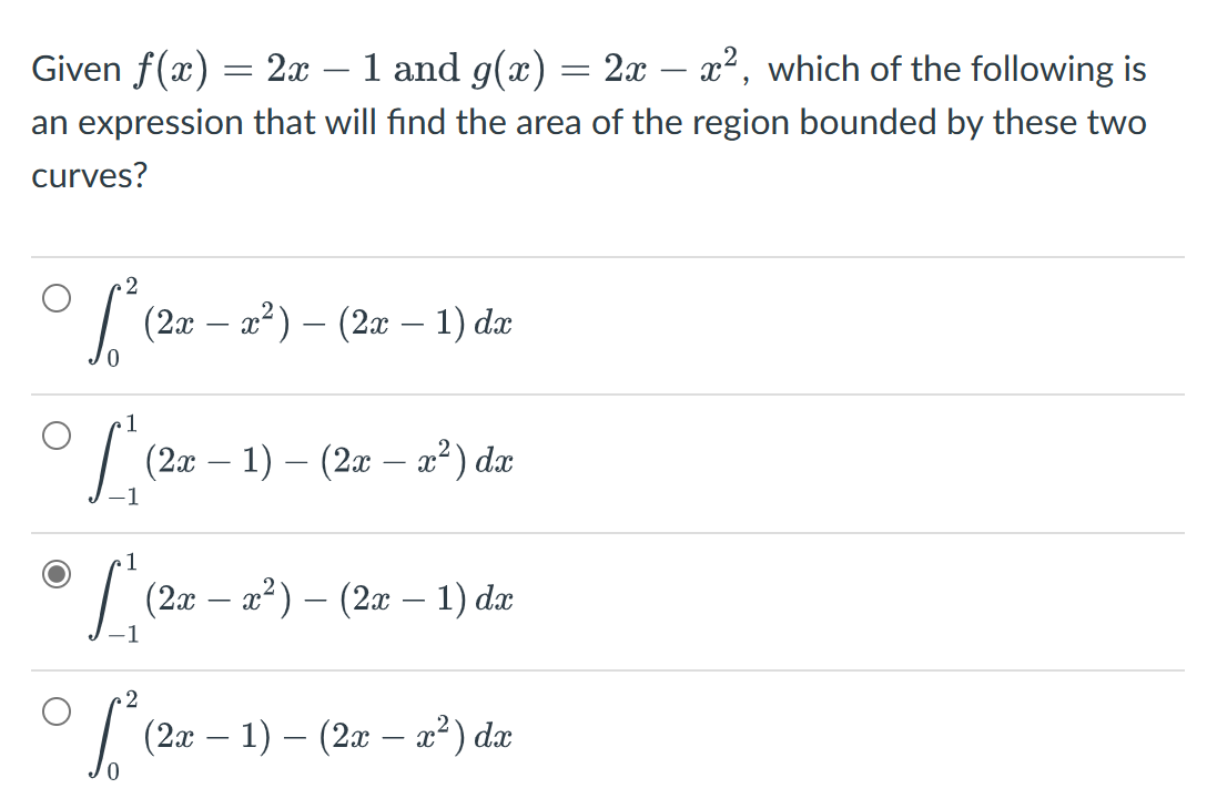 Solved Given f(x)=2x−1 and g(x)=2x−x2, which of the | Chegg.com