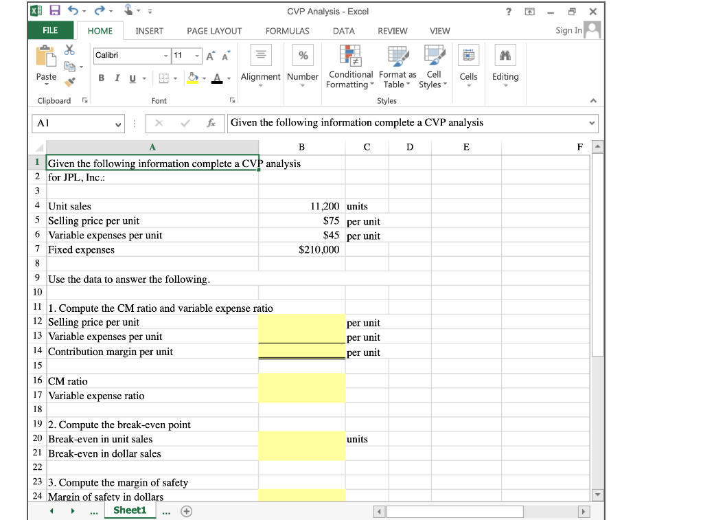 Solved CVP Analysis- Excel HOME INSERT PAGE LAYOUT | Chegg.com