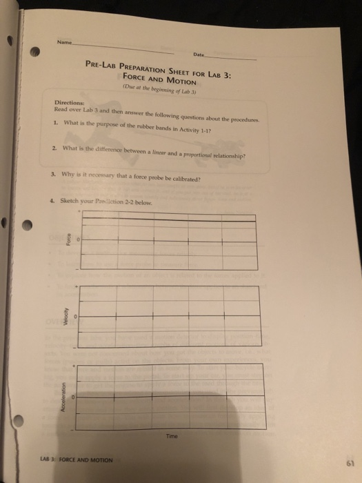 Date PRE-LAB PREPARATION SHEET FOR LAB 3: FORCE AND | Chegg.com