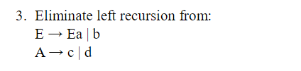 Solved 3. Eliminate left recursion from: E→Ea∣bA→c∣d | Chegg.com