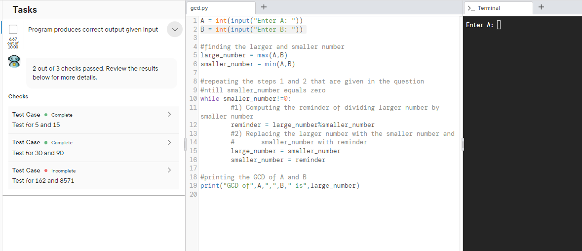 Solved M Instructions gcd.py + + >_ Terminal + E The | Chegg.com