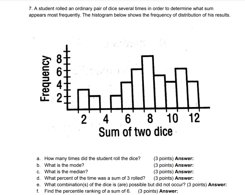 Solved 7. A student rolled an ordinary pair of dice several | Chegg.com