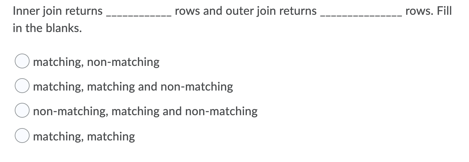 Solved Inner join returns ____________ rows and outer join | Chegg.com
