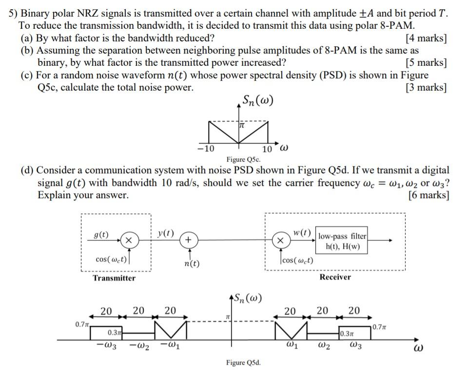 Solved 5) Binary polar NRZ signals is transmitted over a | Chegg.com