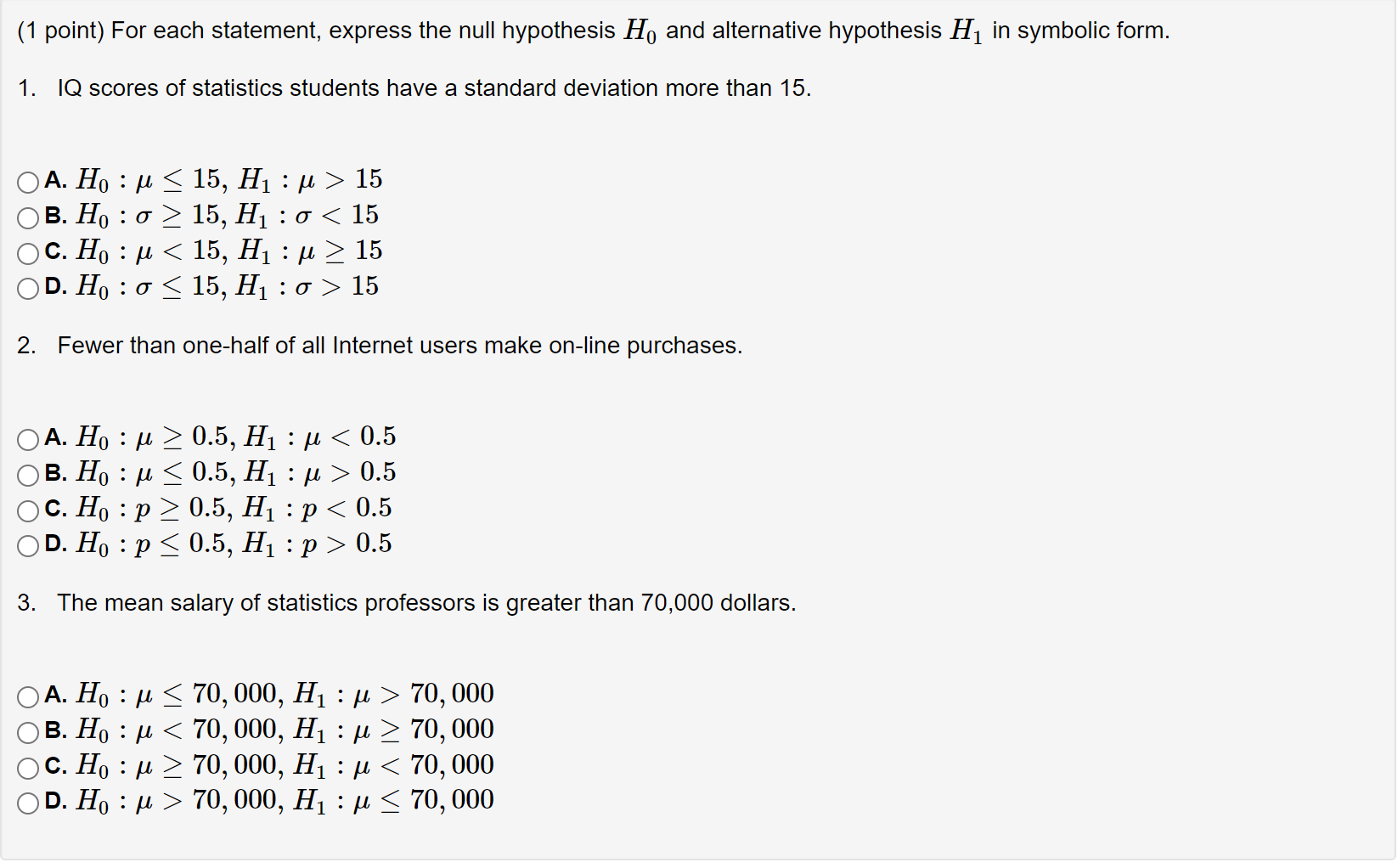 Solved (1 point) For each statement, express the null | Chegg.com
