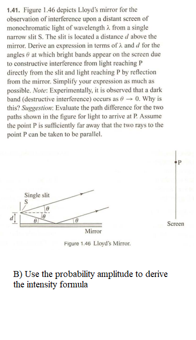 Solved 1.41. Figure 1.46 depicts Lloyd's mirror for the | Chegg.com