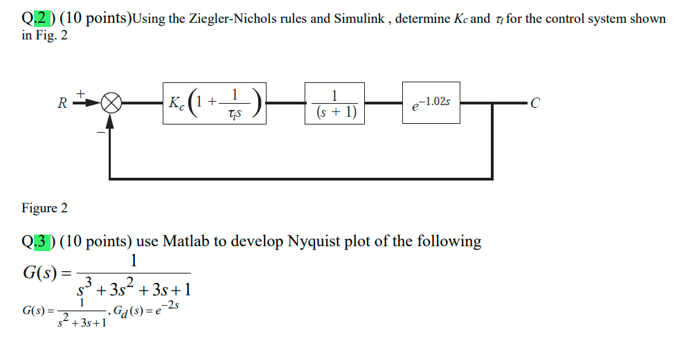 Solved Q.2) (10 points)Using the Ziegler-Nichols rules and | Chegg.com