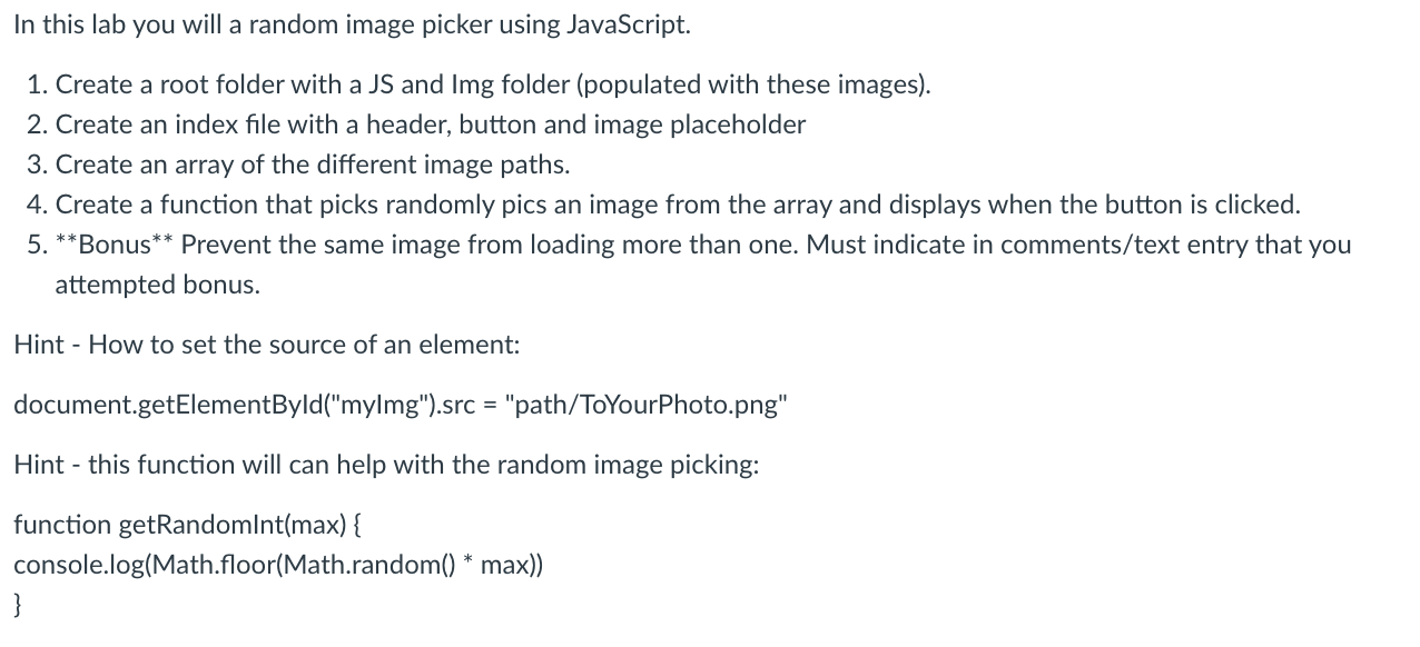 Solved In this lab you will a random image picker using | Chegg.com