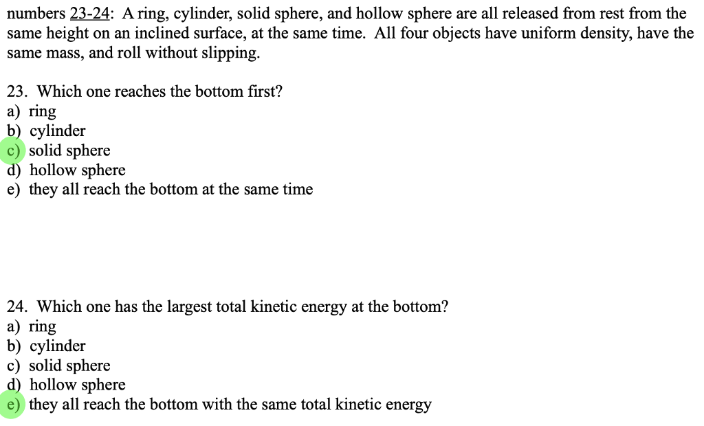 Solved numbers 23-24: A ring, cylinder, solid sphere, and | Chegg.com
