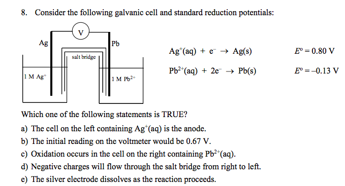 Solved 8. Consider the following galvanic cell and standard | Chegg.com