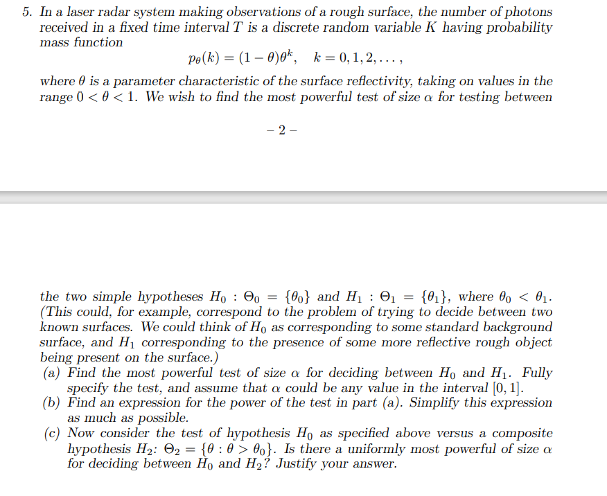 5. In a laser radar system making observations of a | Chegg.com