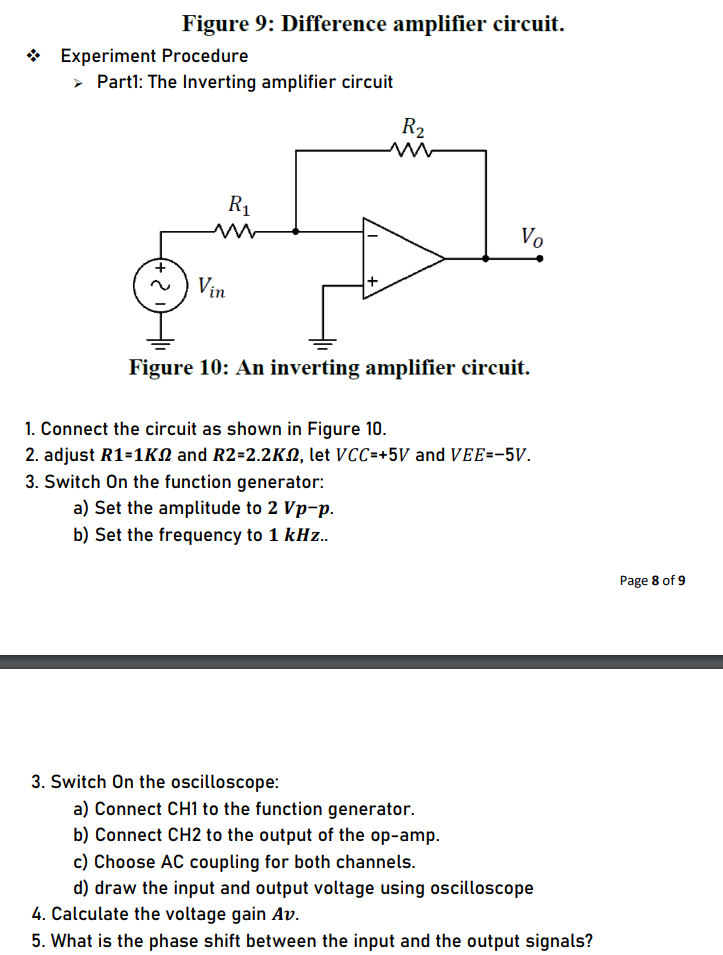 Solved Figure 9: Difference amplifier circuit. * Experiment | Chegg.com