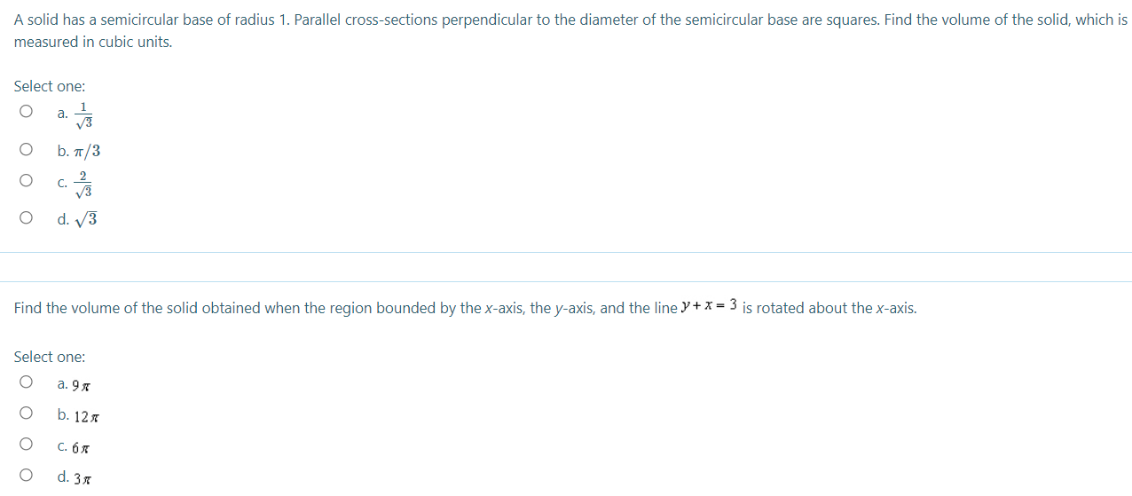 Solved A solid has a semicircular base of radius 1. Parallel | Chegg.com
