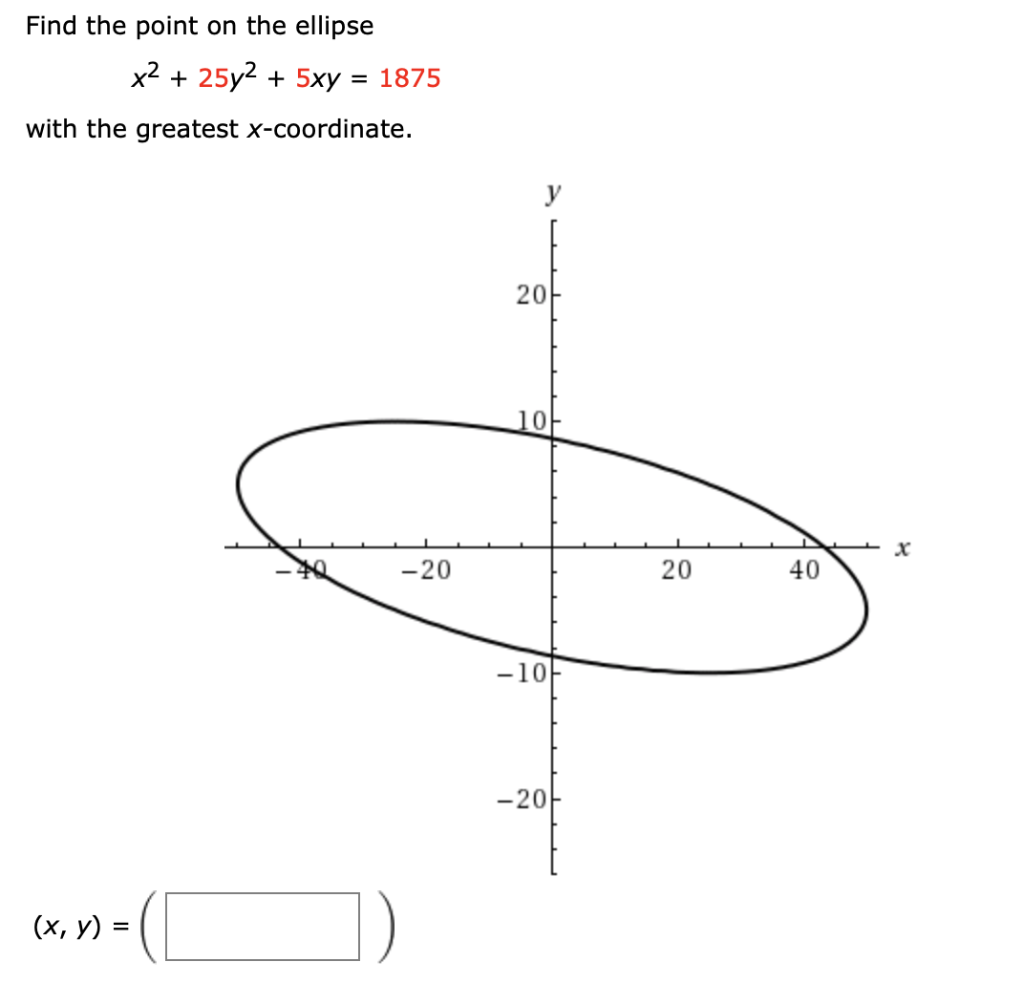 Solved Find the point on the ellipse x2 + 25y2 + 5xy = 1875 | Chegg.com