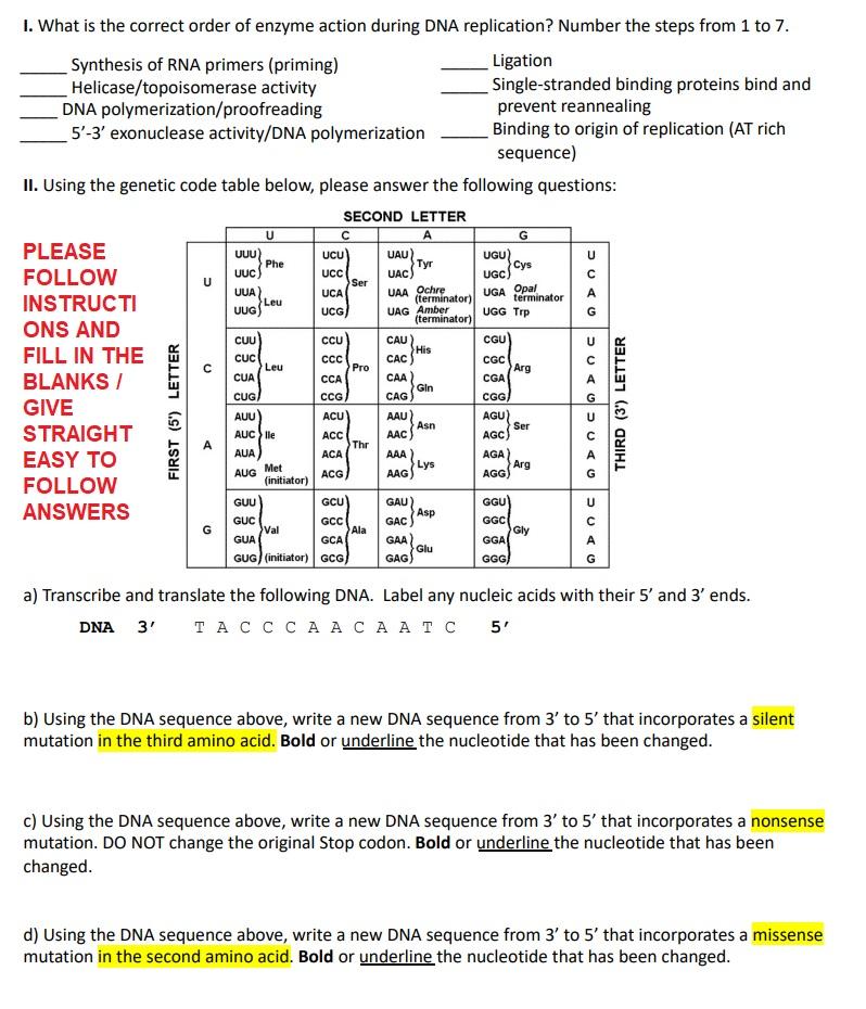 Solved I. What is the correct order of enzyme action during | Chegg.com
