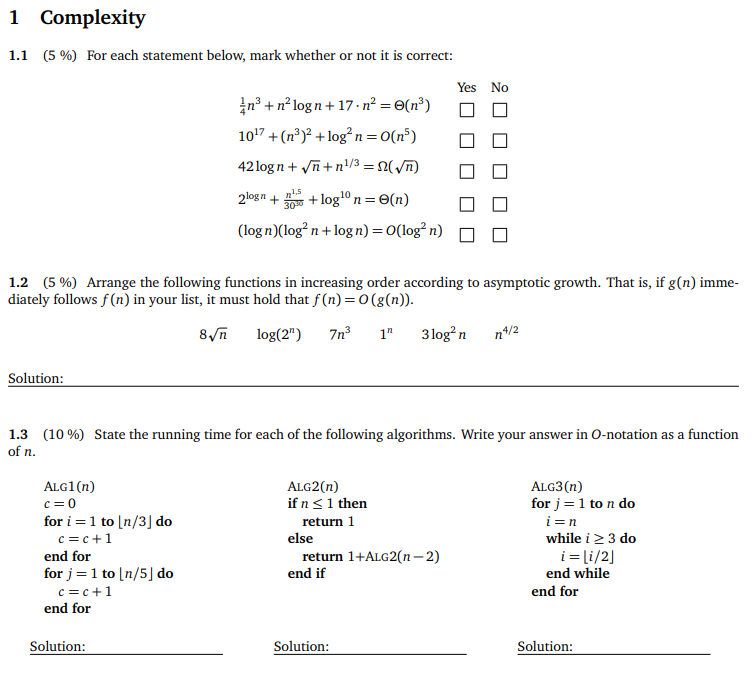 Solved 1 Complexity 1.1 (5 %) For each statement below, mark | Chegg.com